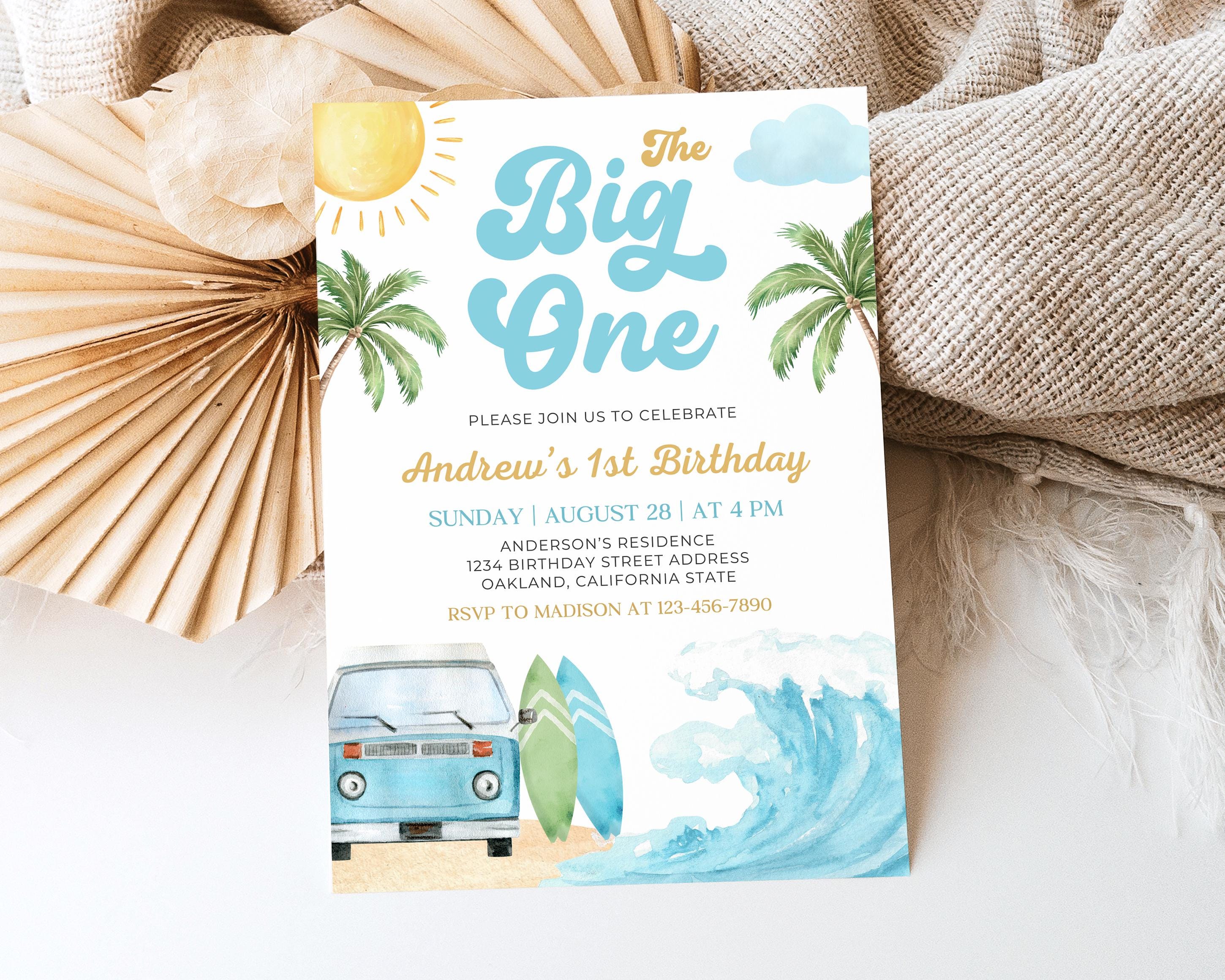 The Big One Surf Birthday Invitation, Surfing 1st Birthday Party Invite ...
