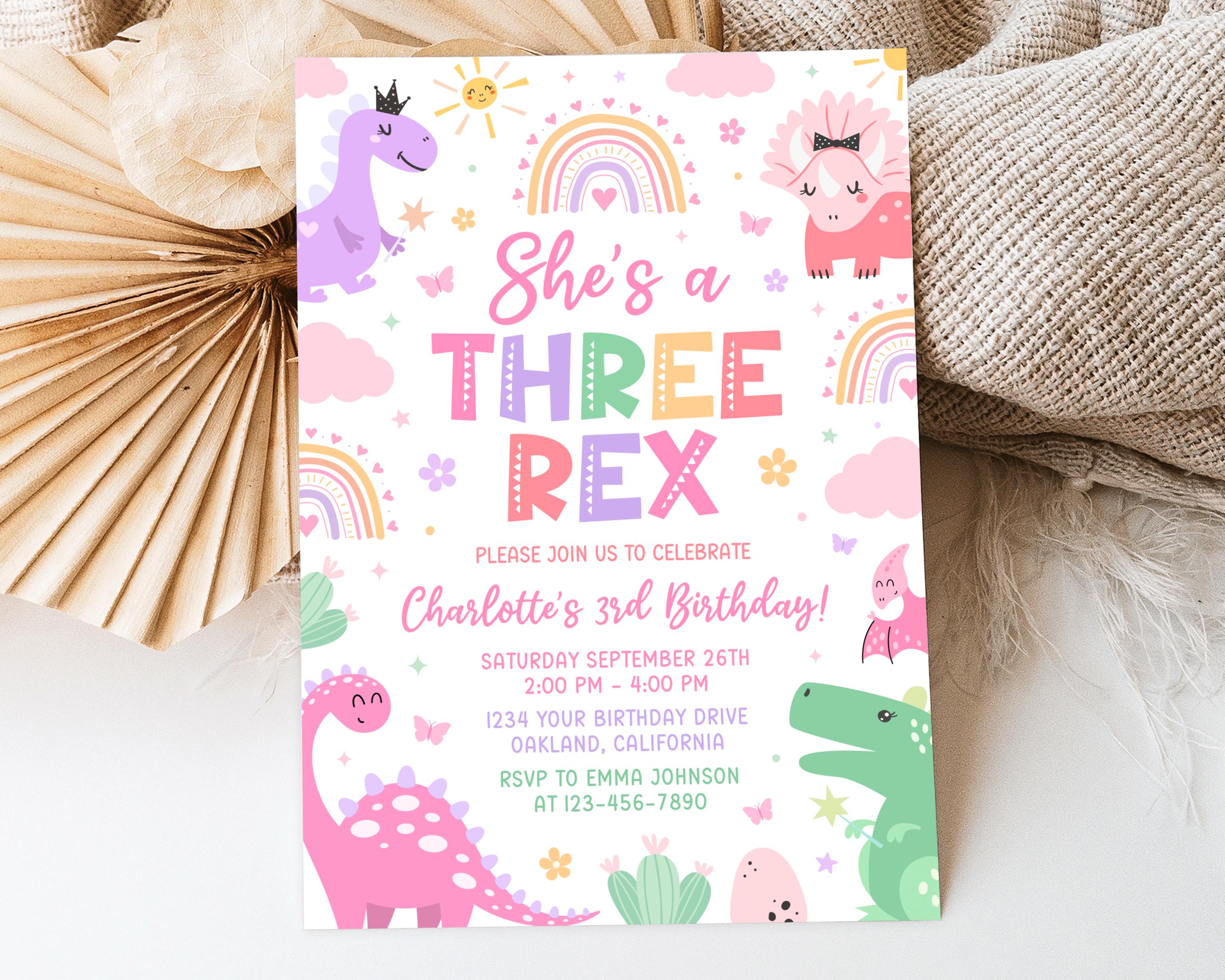 Three Rex Birthday Invitation, Girl Dinosaur 3rd Birthday Invite, Pink ...