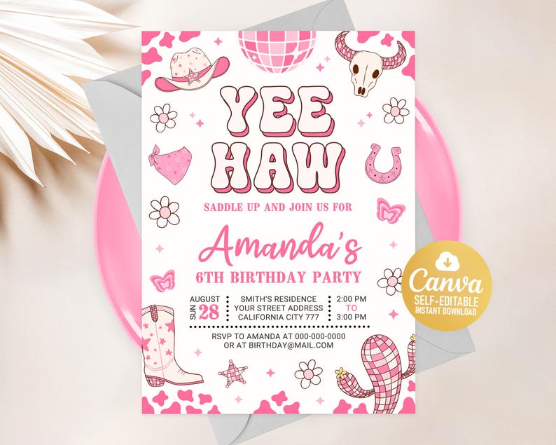 Space Cowgirl Birthday Invitation, Yee Haw Cowgirl Invitation, Pink ...