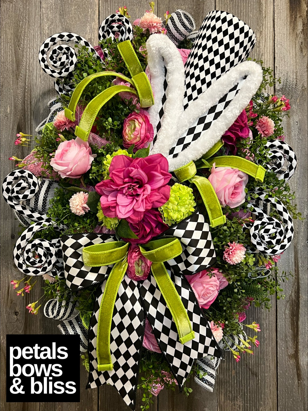 Harlequin Bunny Wreath, Harlequin Top Hat & Bow Tie, Spring Wreath ...