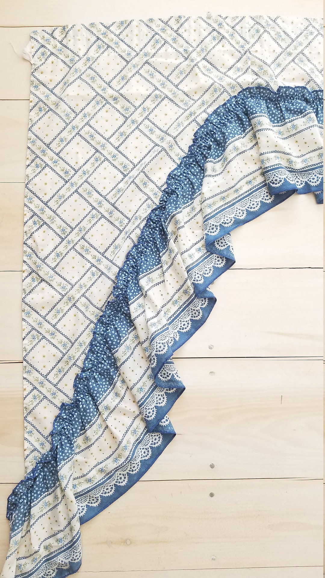 Pair of 1980's Ruffle Edged Window Curtains. Vintage Floral Print ...