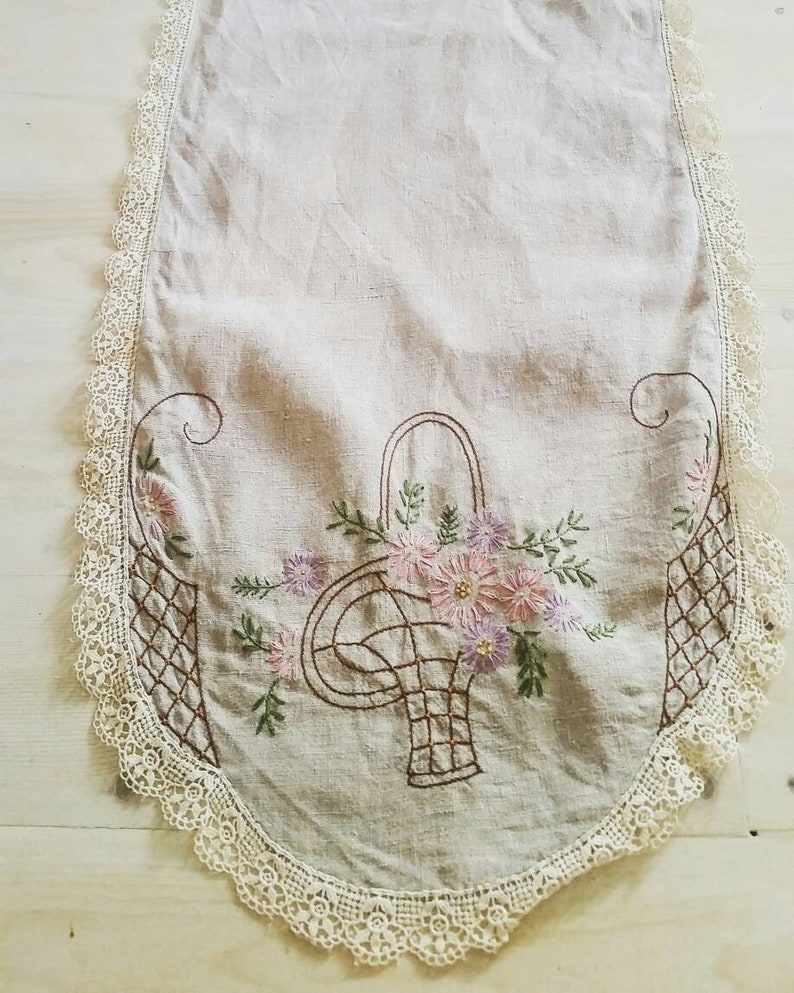 Large Vintage Table Runner. Long Oatmeal Linen Table Runner | Etsy