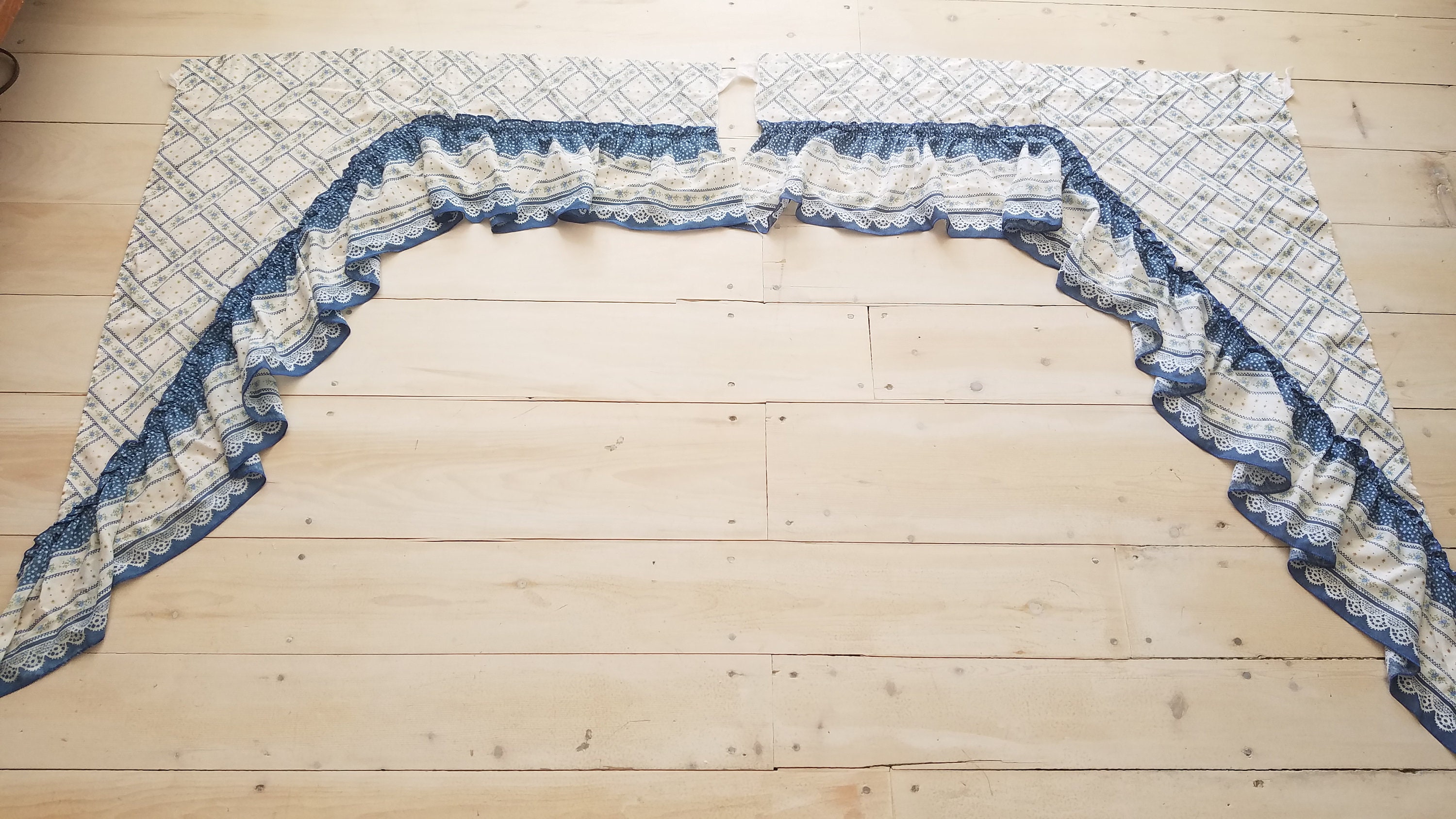Pair of 1980's Ruffle Edged Window Curtains. Vintage Floral Print ...