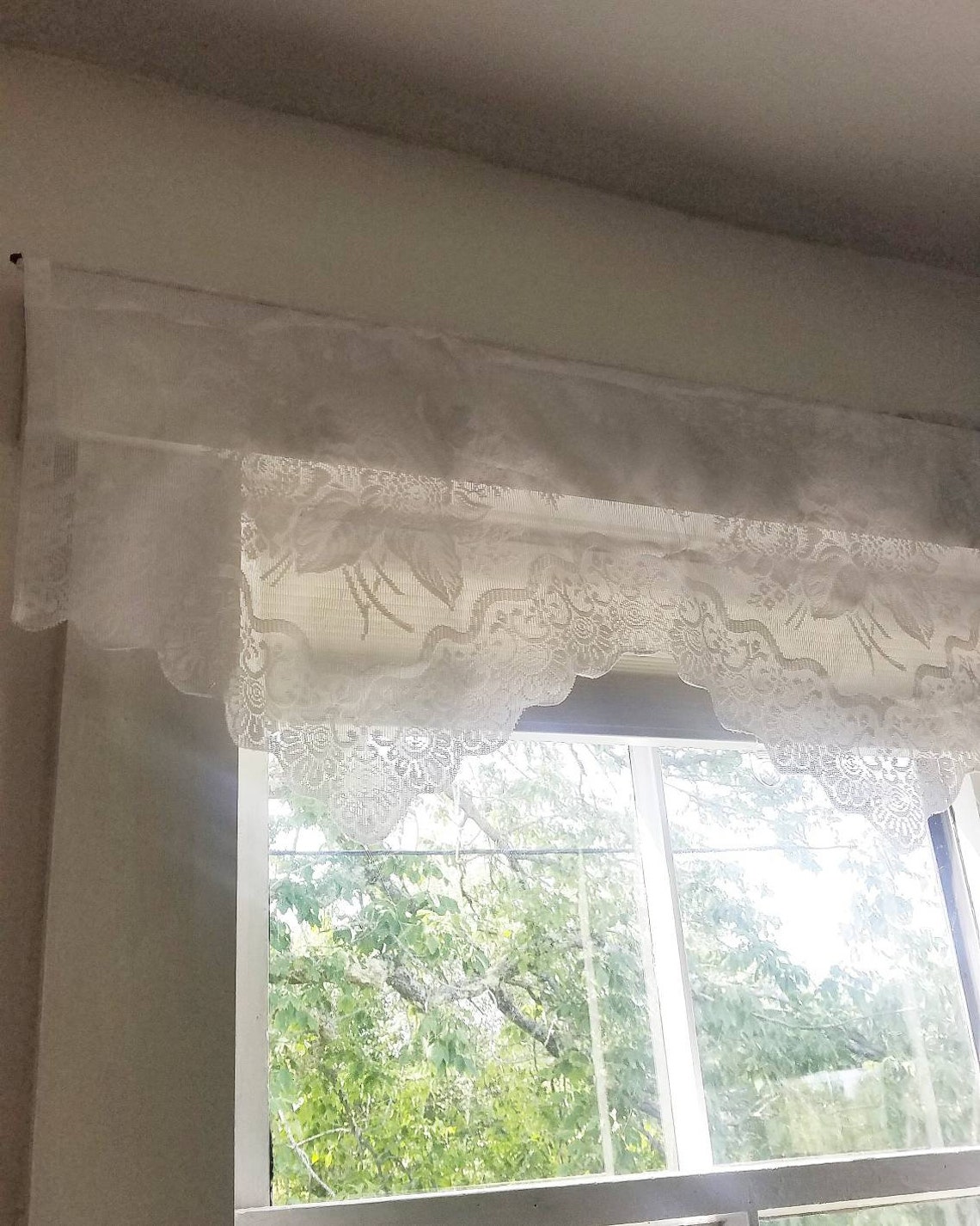 Vintage White Lace Window Curtain. Lace Window Topper Curtain. White ...
