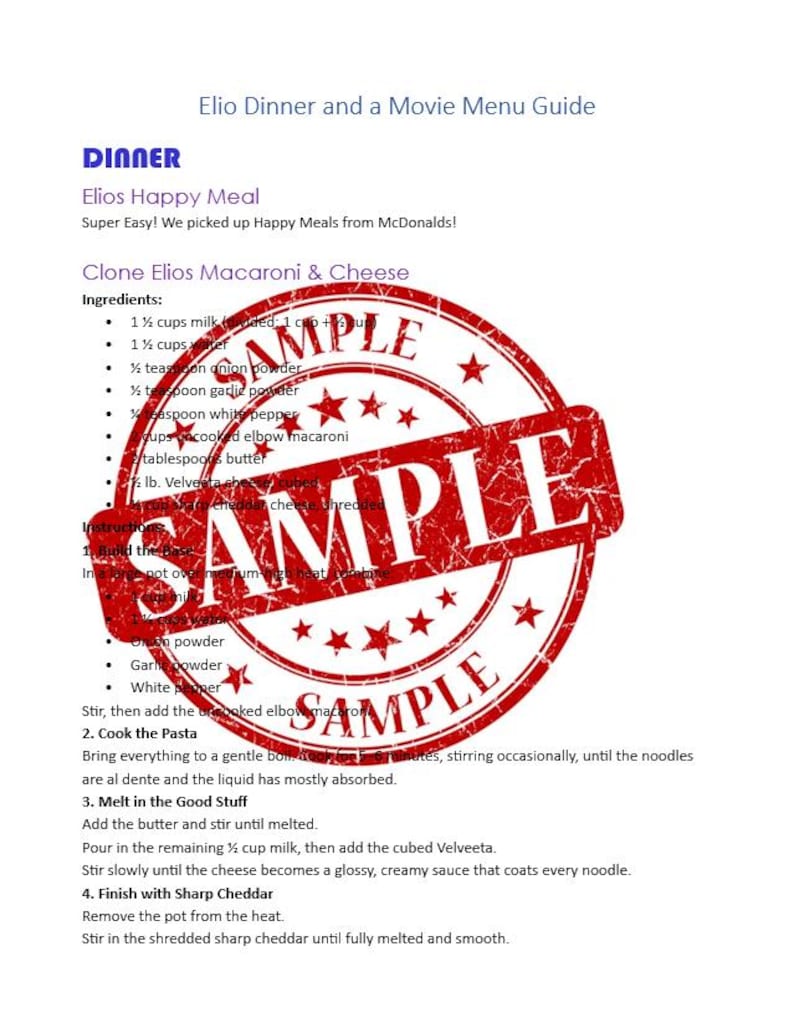 Elio Dinner and a Movie Menu Guide - Etsy