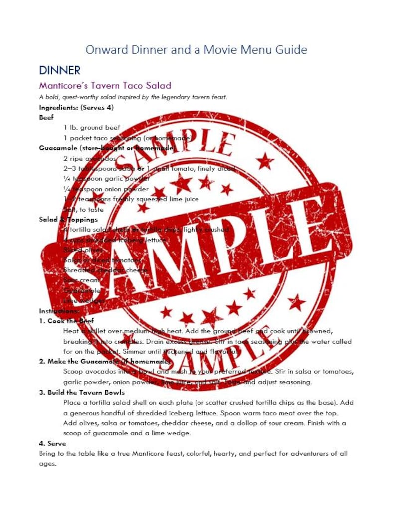 Onward Dinner and a Movie Menu Guide - Etsy
