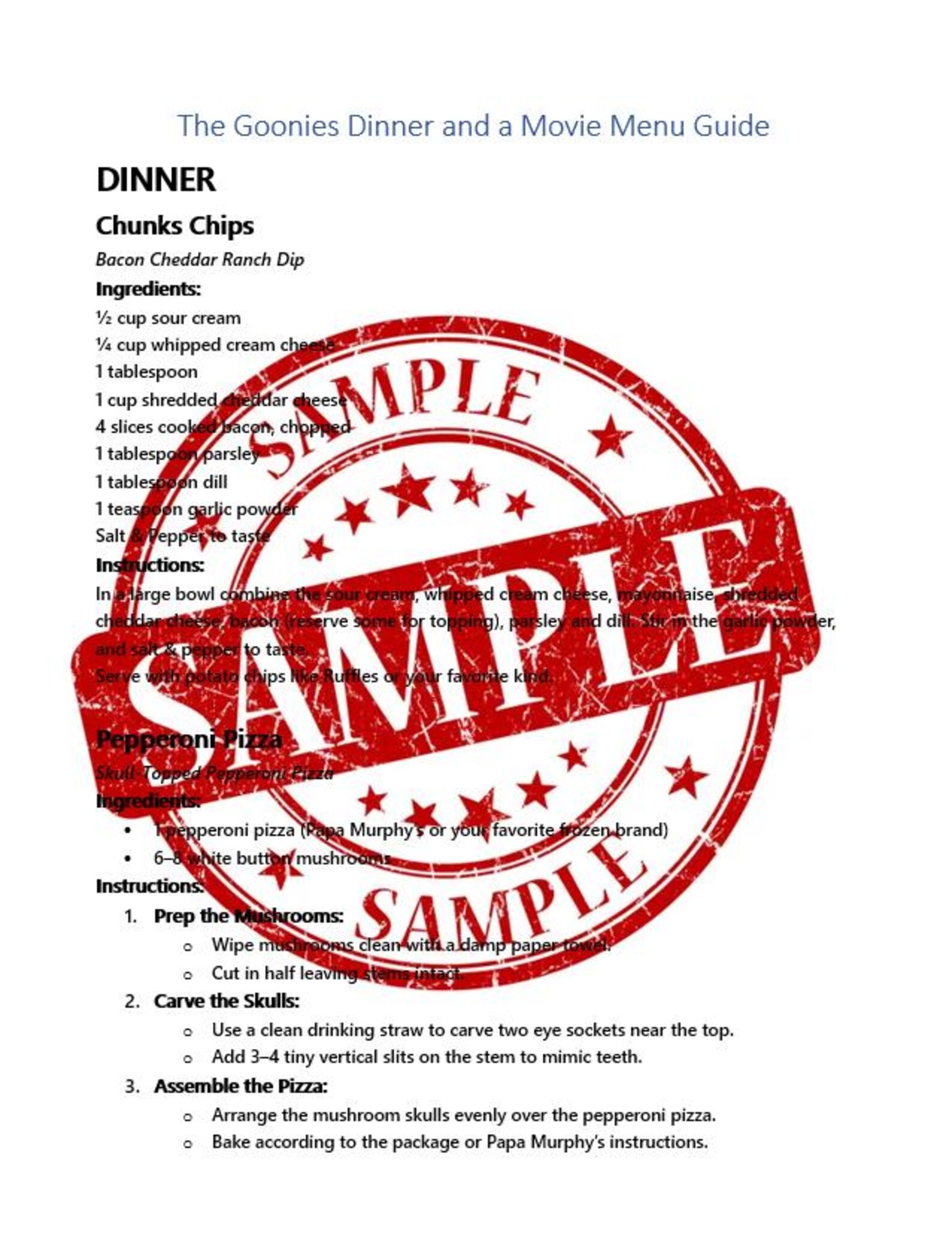 The Goonies Dinner and a Movie Menu Guide - Etsy
