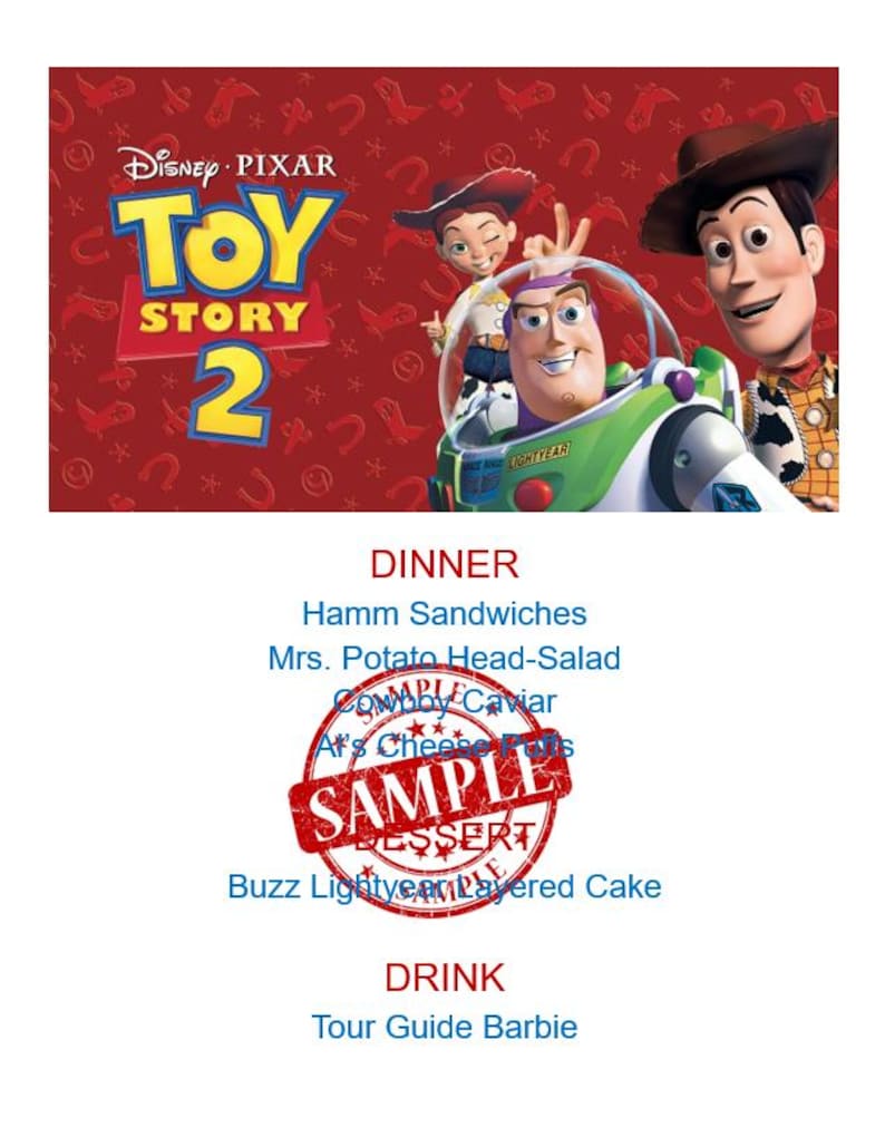 Toy Story 2 Dinner and a Movie Menu Guide - Etsy