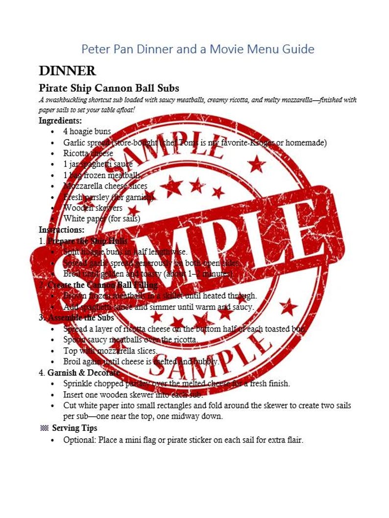 Peter Pan Dinner and a Movie Menu Guide - Etsy