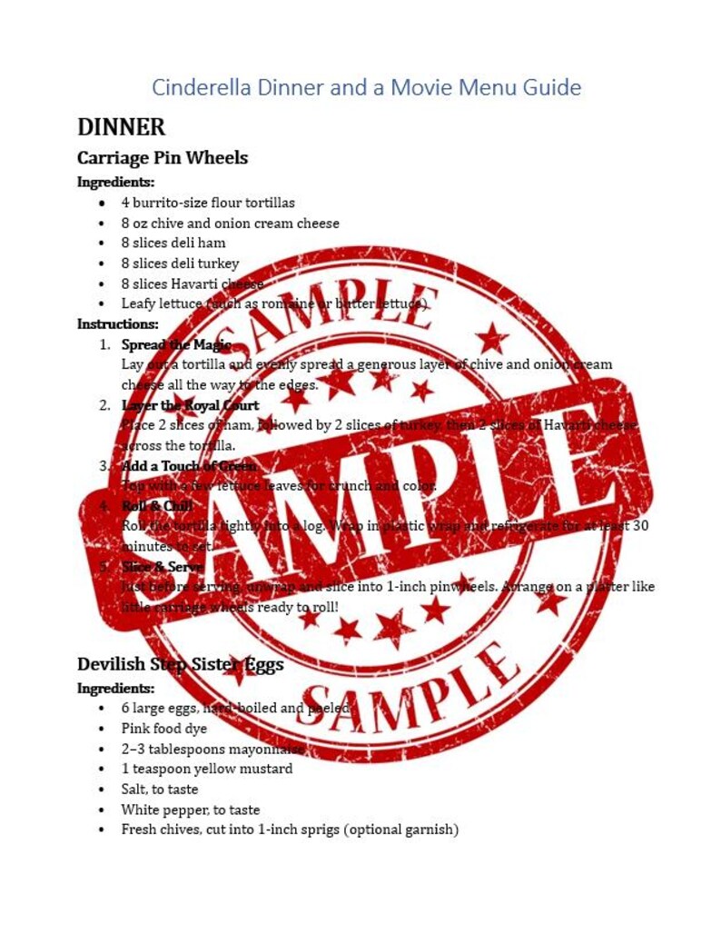 Cinderella Dinner and a Movie Menu Guide - Etsy