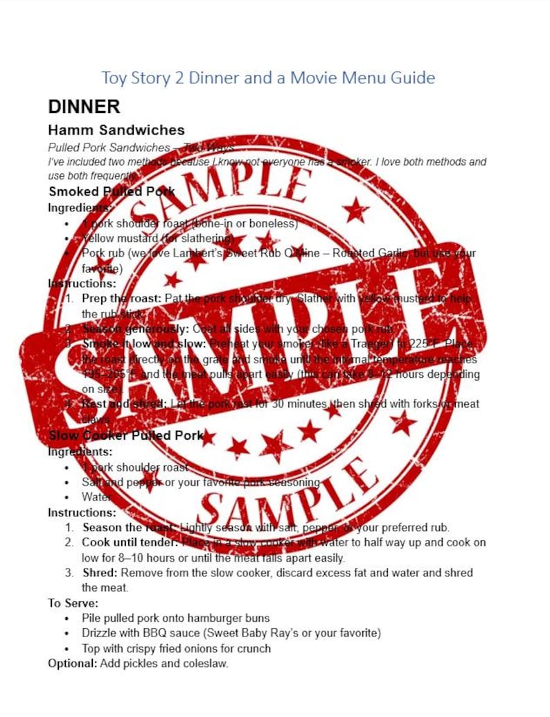 Toy Story 2 Dinner and a Movie Menu Guide - Etsy