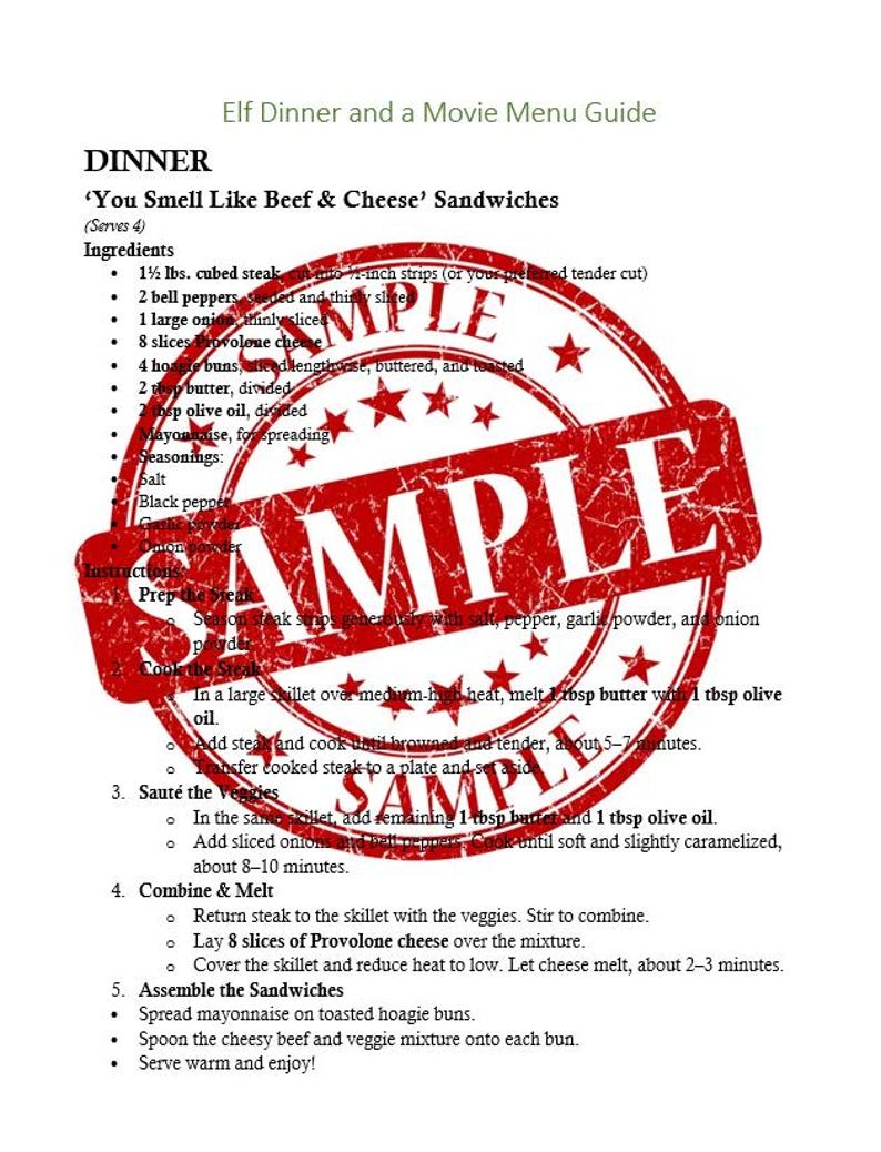 Elf Dinner and a Movie Menu Guide - Etsy