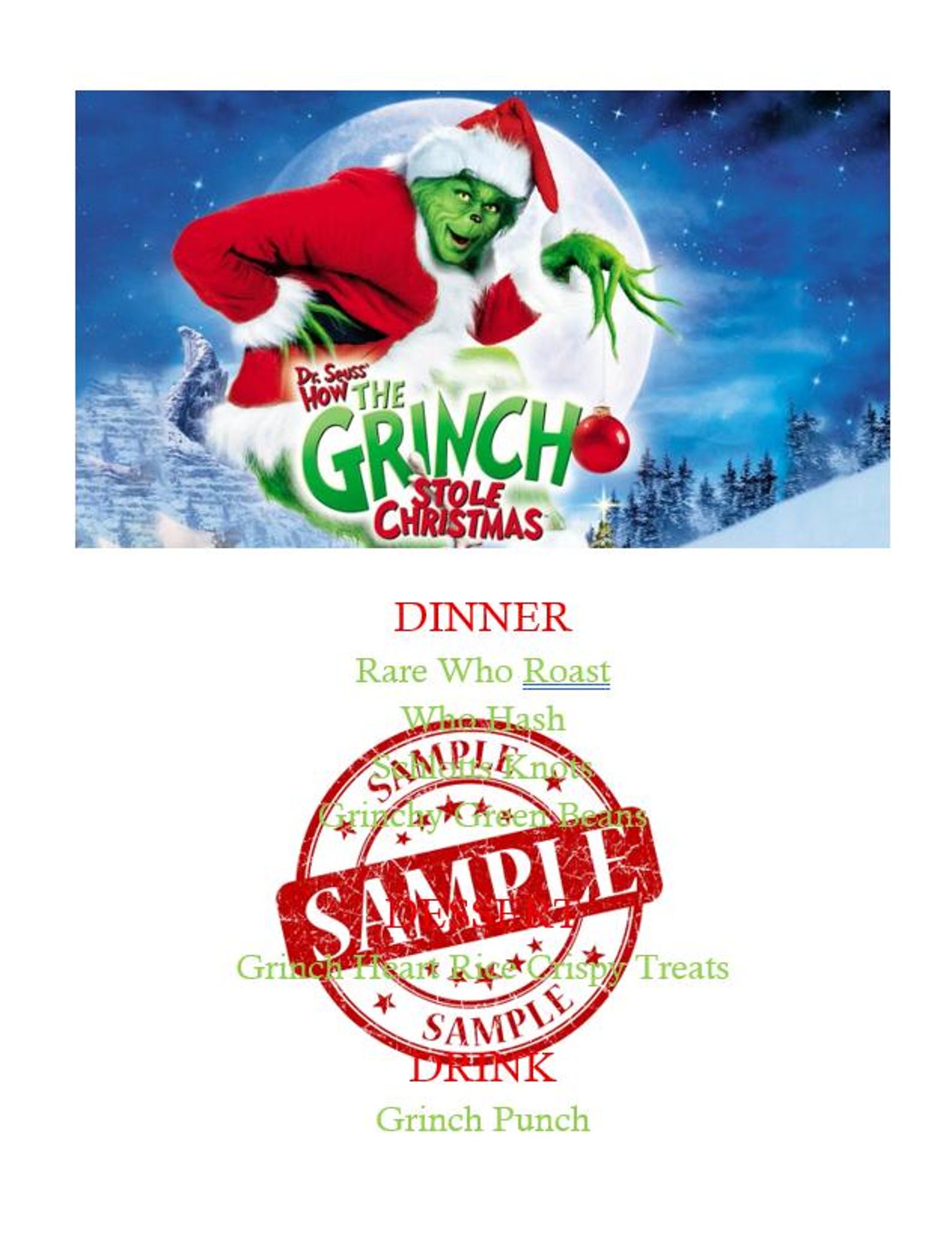 How the Grinch Stole Christmas Dinner and a Movie Menu Guide - Etsy