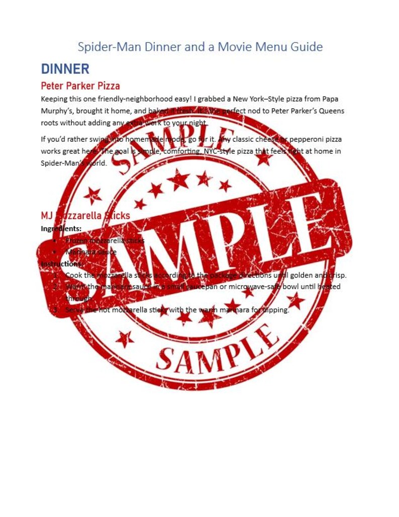 Spider-man Dinner and a Movie Menu Guide - Etsy