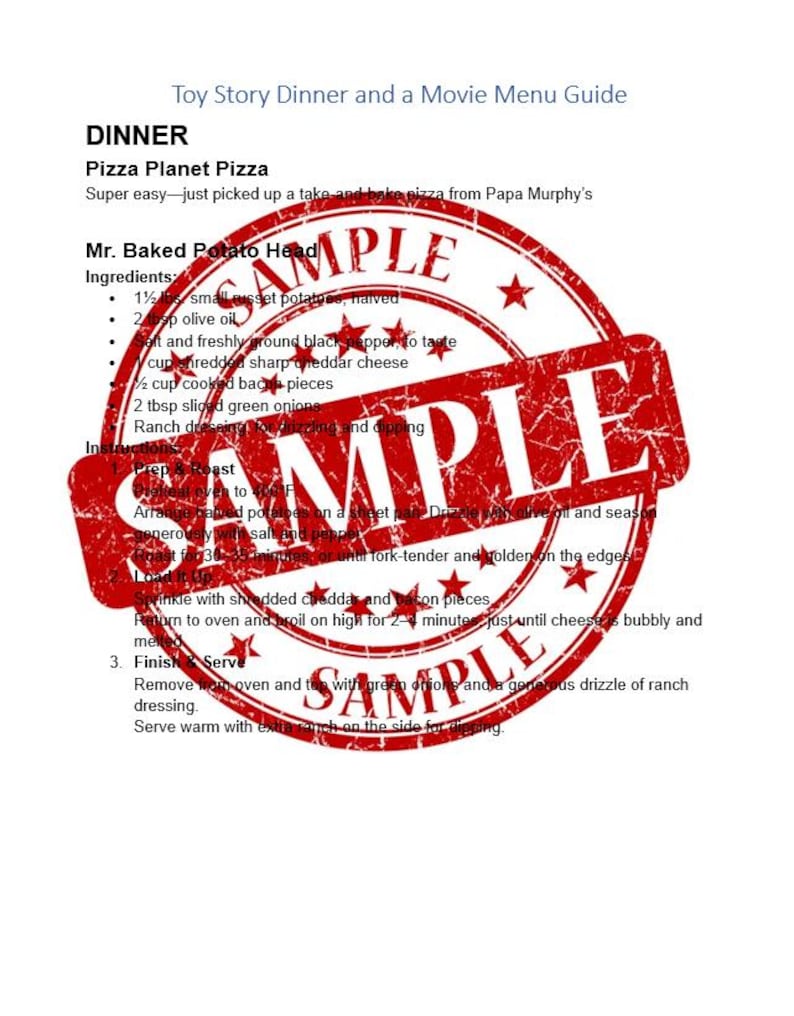 Toy Story Dinner and a Movie Menu Guide - Etsy