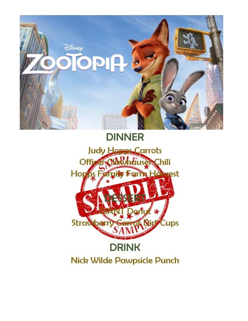 Zootopia Dinner and a Movie Menu Guide - Etsy