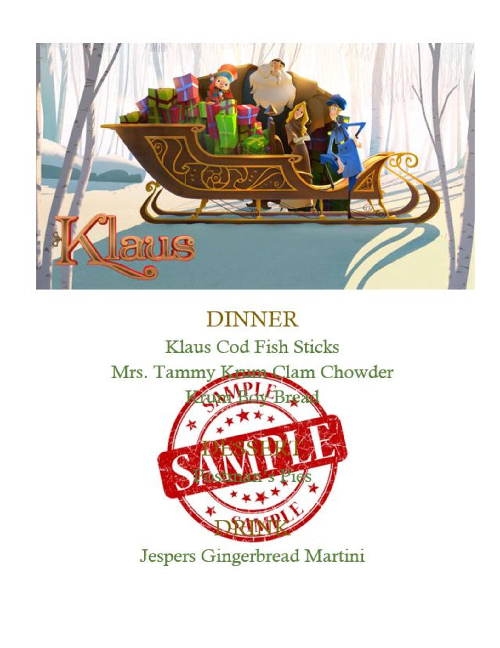Klaus Dinner and a Movie Menu Guide - Etsy