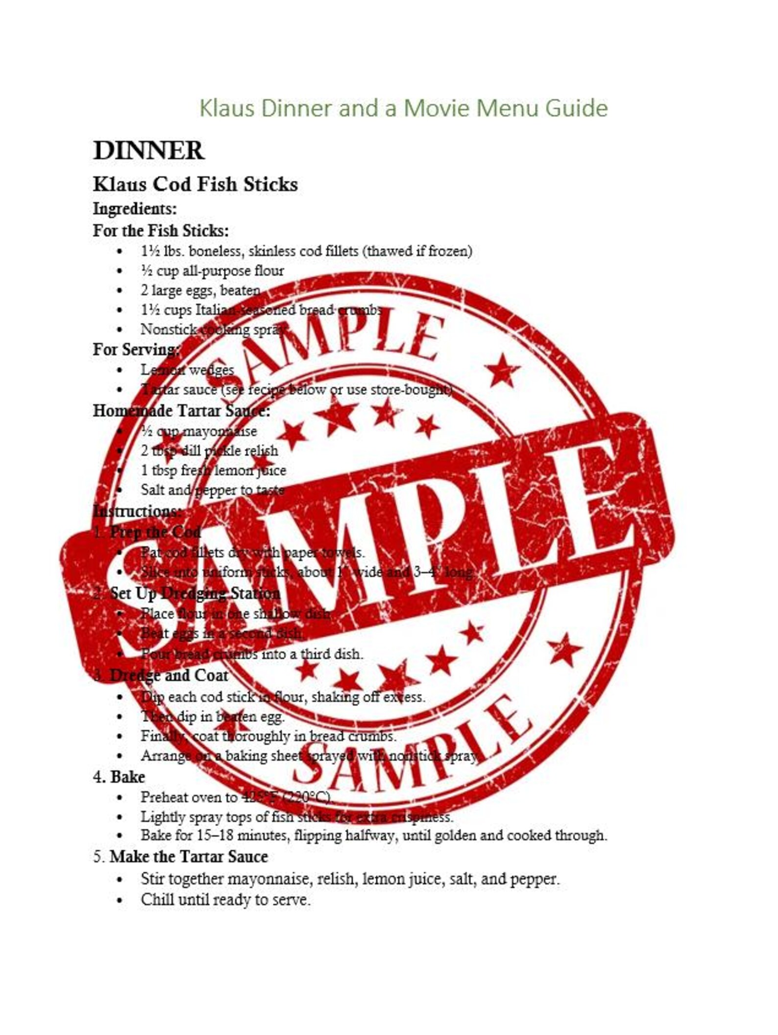 Klaus Dinner and a Movie Menu Guide - Etsy