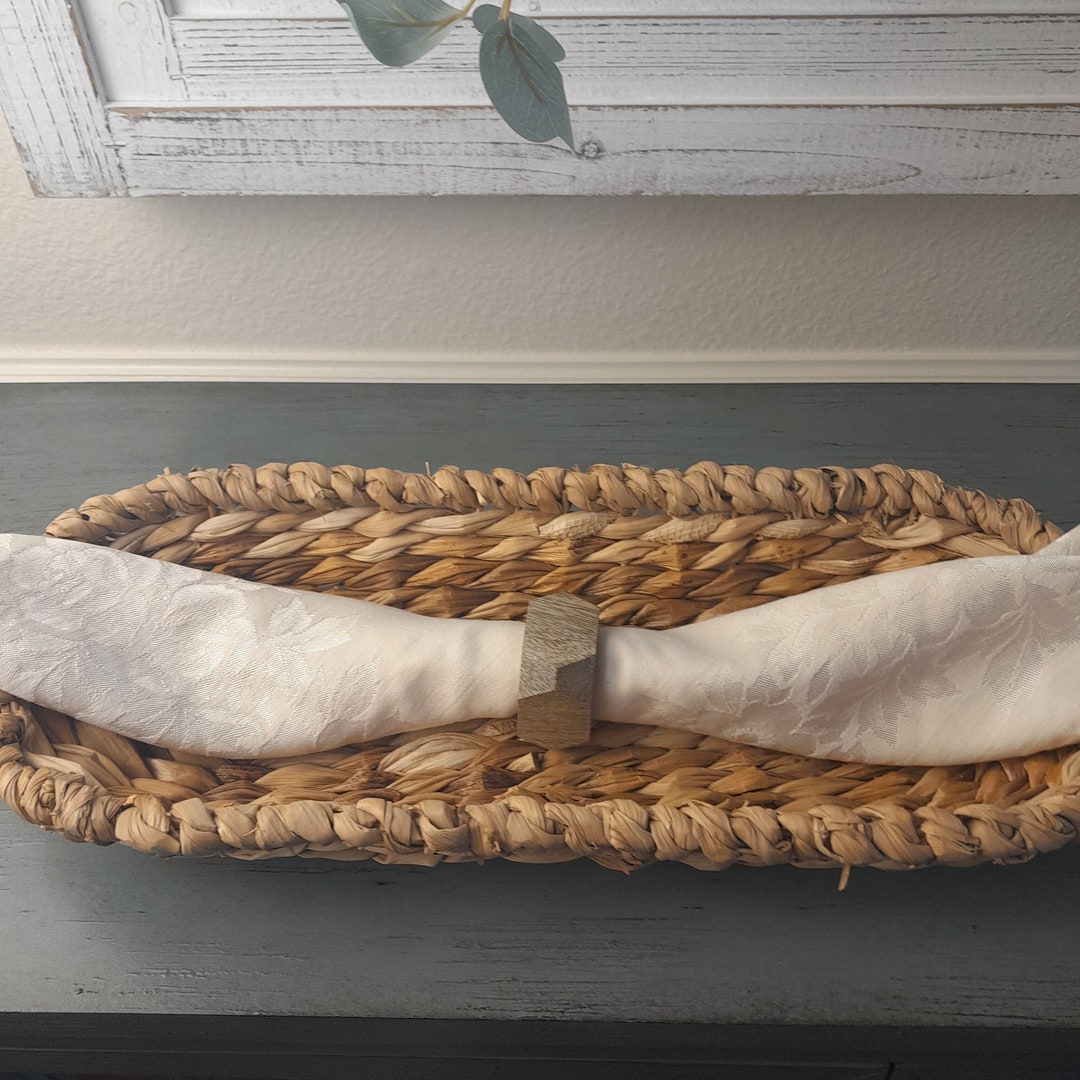 Oval Bread Basket Set With Damask Linen Napkin and Boho Wood Napkin ...