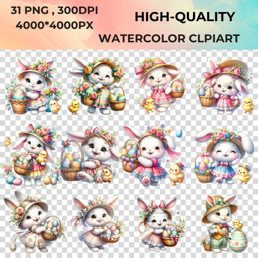 Cute Watercolor Bunny Clipart: Vibrant Easter Bunny Illustrations for ...
