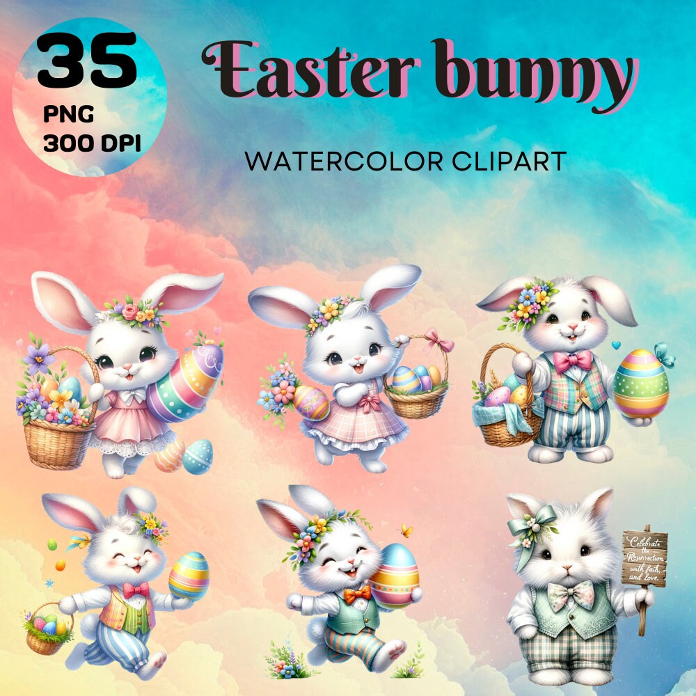 Cute Watercolor Bunny Clipart: Vibrant Easter Bunny Illustrations for ...