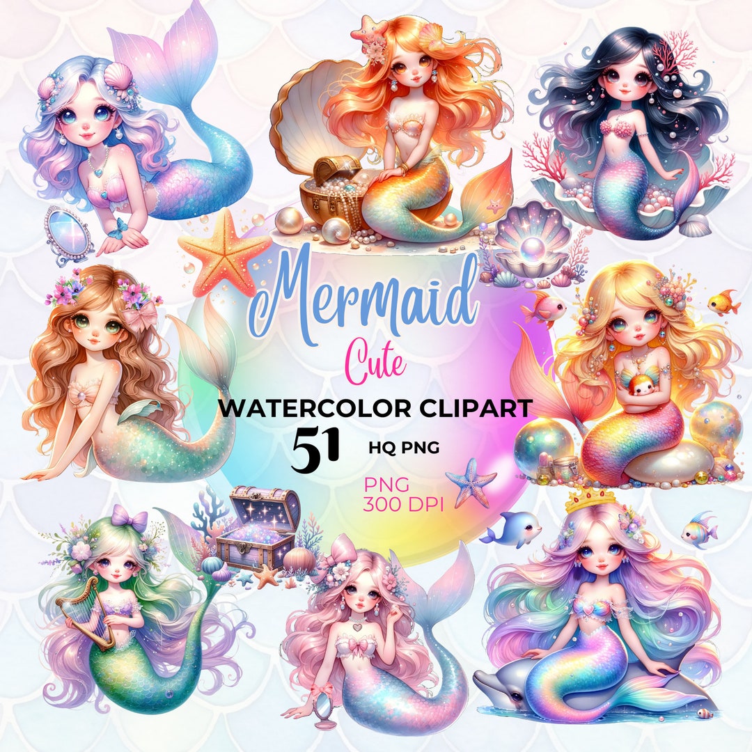 Cute Mermaid Clip Art Bundle, Watercolor Sea Animals, Enchanting Mermaids PNG - Etsy