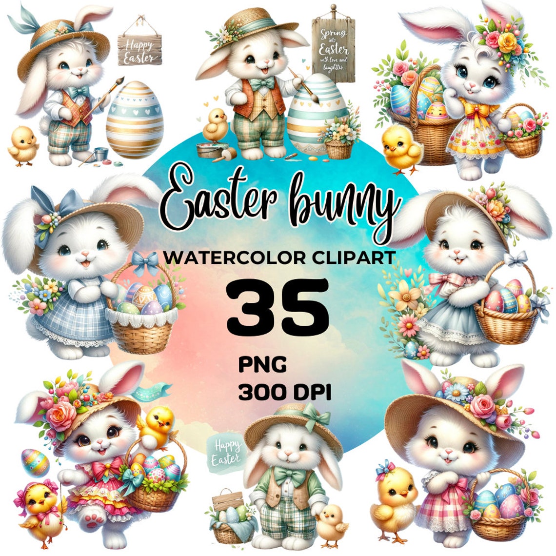 Cute Watercolor Bunny Clipart: Vibrant Easter Bunny Illustrations for ...