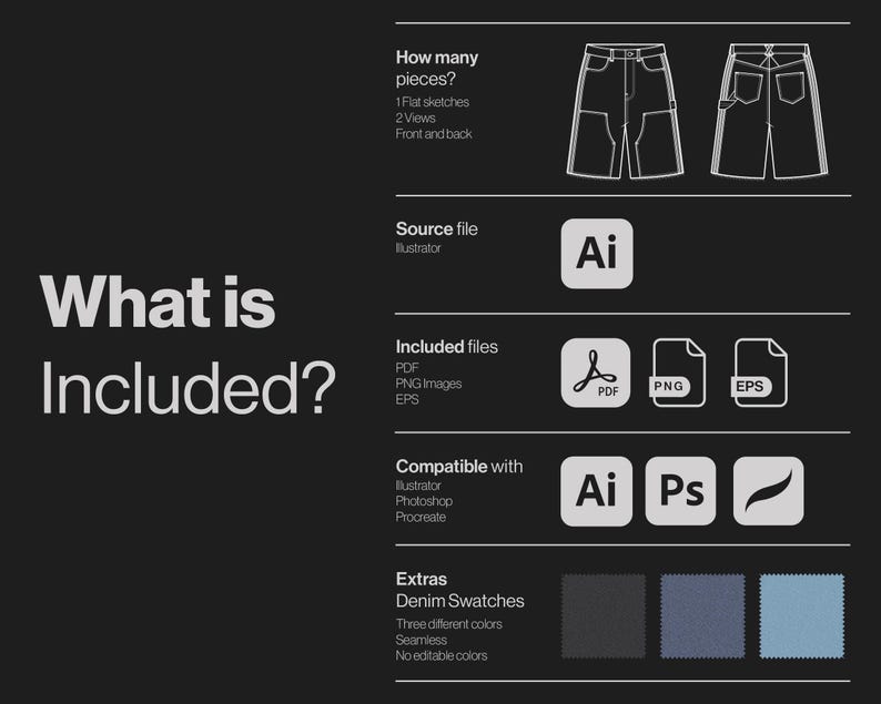 Unisex Carpenter Jorts/baggy Shorts Flat Sketch W/ Extra 3 Denim ...