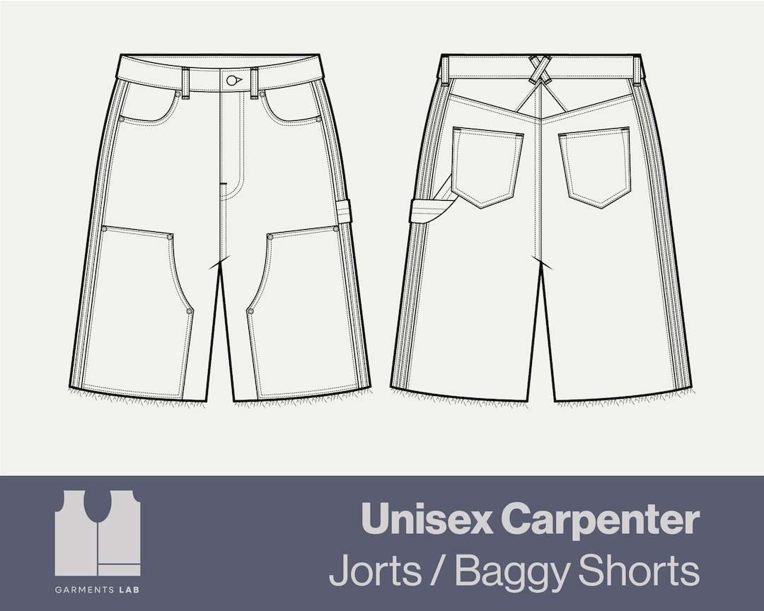 Unisex Carpenter Jorts/baggy Shorts Flat Sketch W/ Extra 3 Denim ...