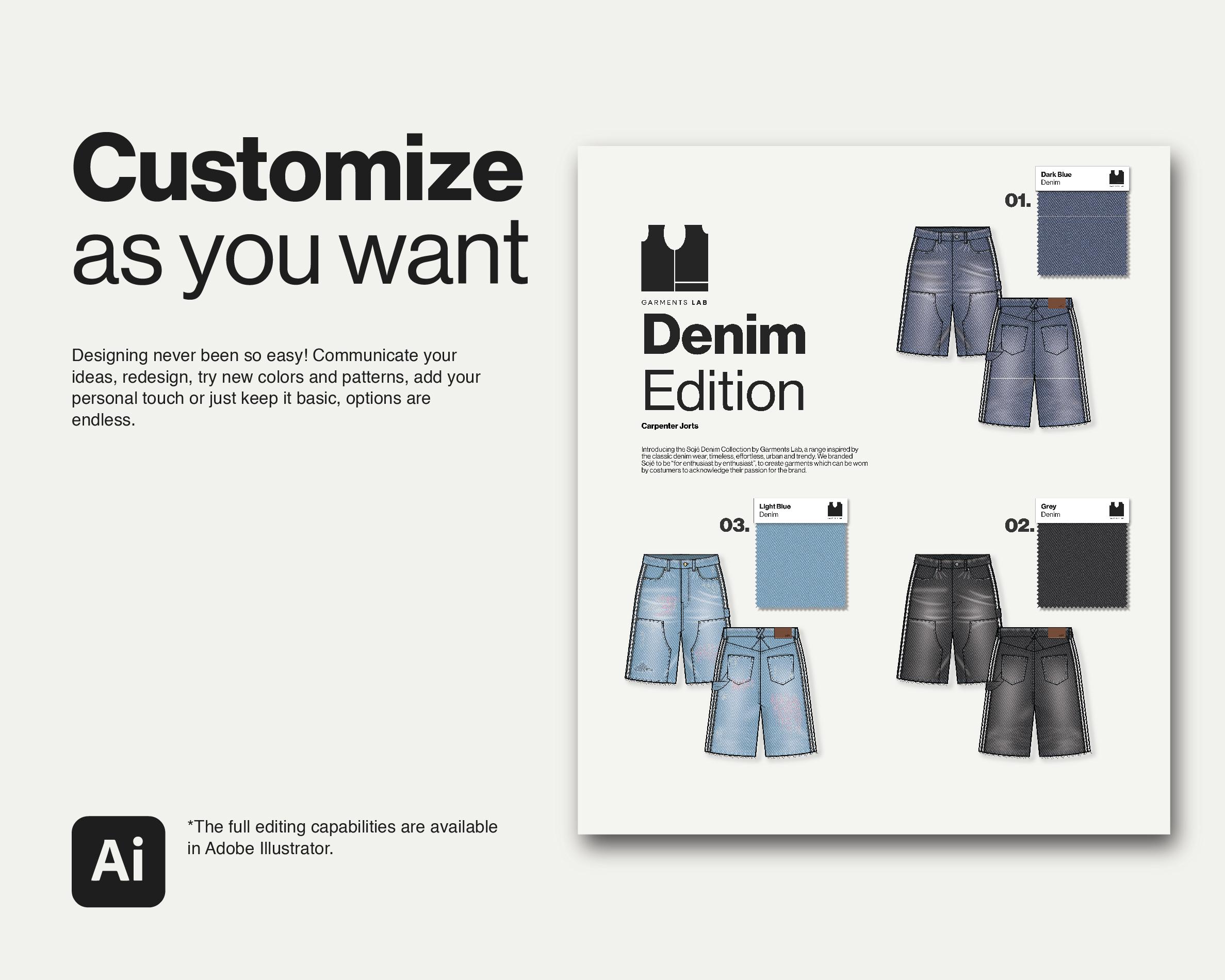 Unisex Carpenter Jorts/baggy Shorts Flat Sketch W/ Extra 3 Denim ...