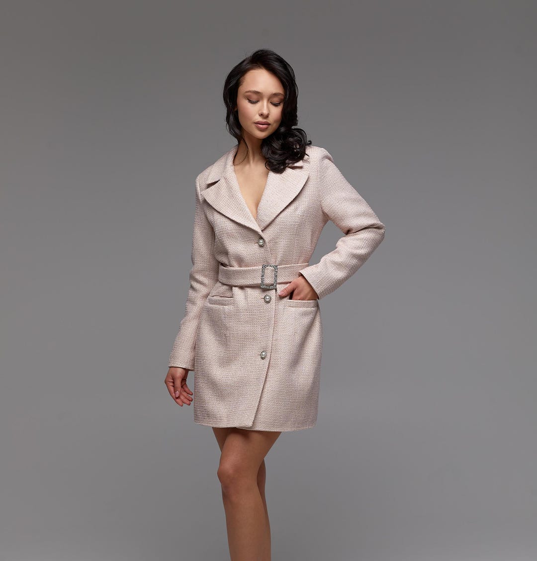 Beige Blazer Dress – Short Wrap Jacket, Double Breasted Long Sleeve ...