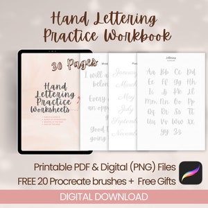 30 Pages Hand Lettering Practice Sheet Workbook, 20 Procreate Lettering ...