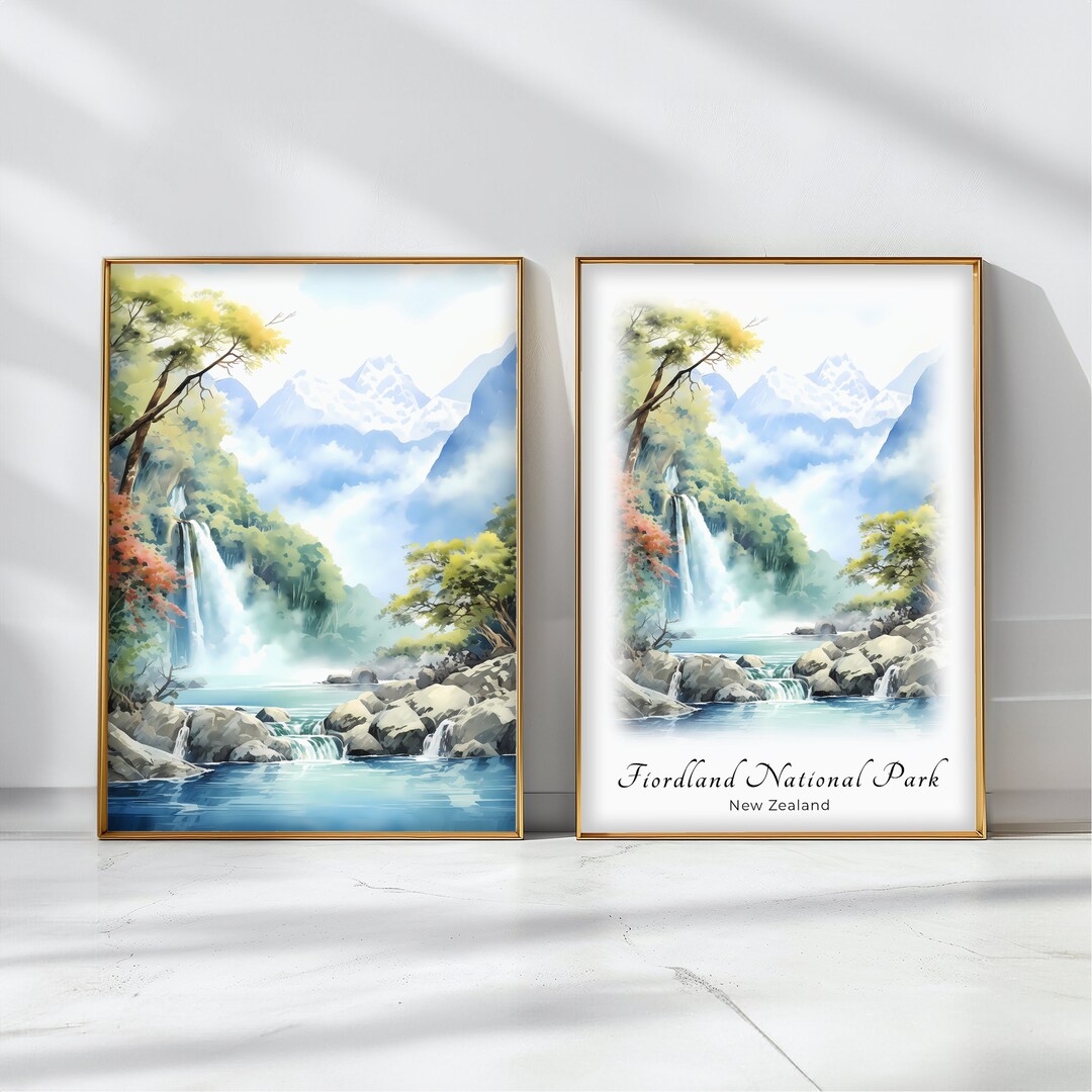 Fiordland National Park Watercolor Poster Travel Art Print New Zealand ...