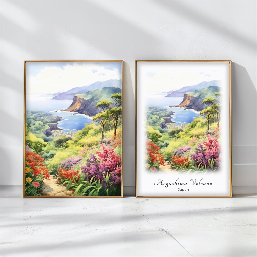 Aogashima Volcano Watercolor Poster Travel Art Print Japan Landscape ...