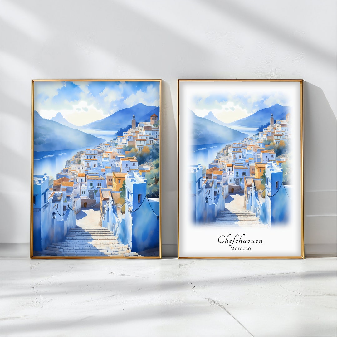 Chefchaouen Watercolor Poster Travel Art Print Morocco Landscape Art ...