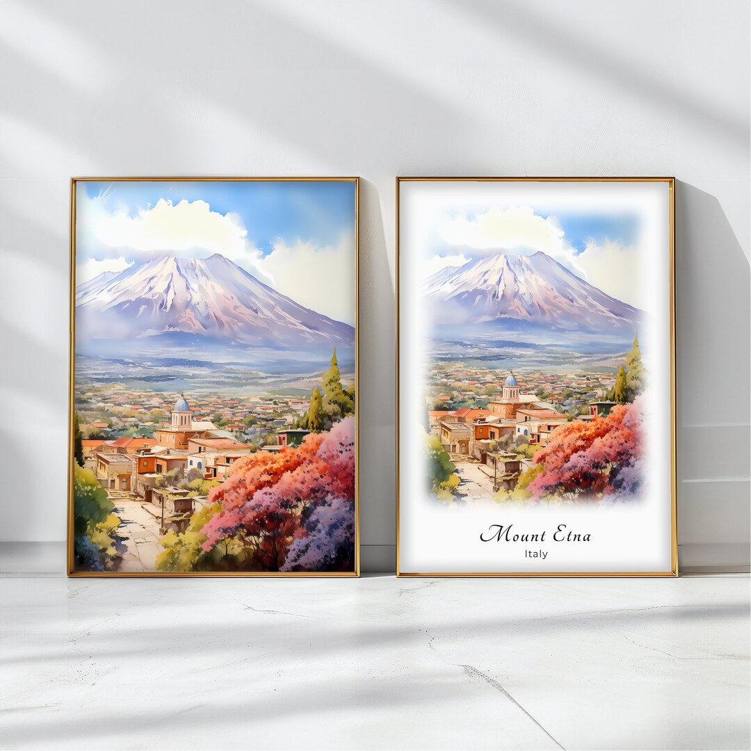 Mount Etna Watercolor Poster Travel Art Print Italy Landscape Art Decor ...