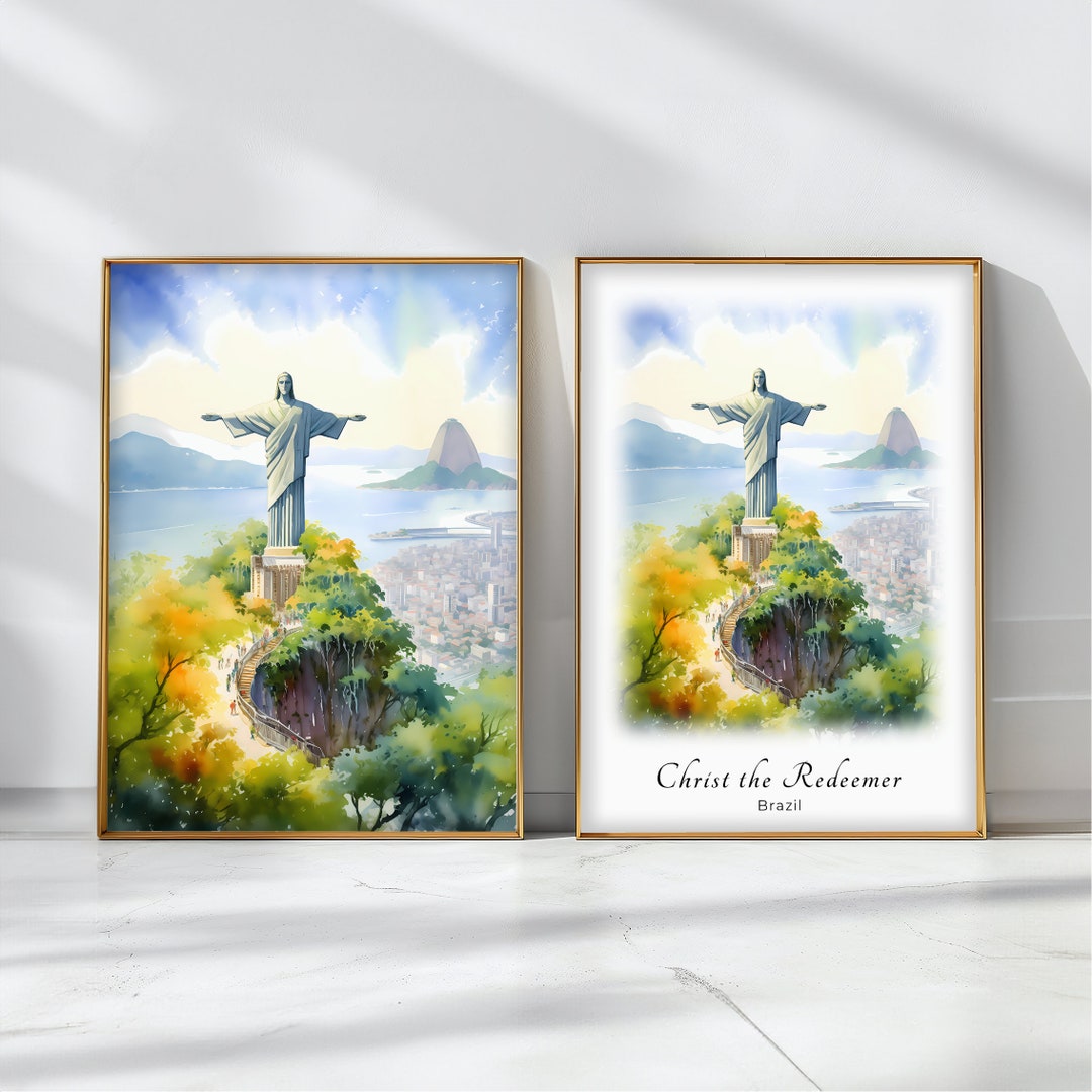 Christ the Redeemer Watercolor Poster Travel Art Print Brazil Landscape ...