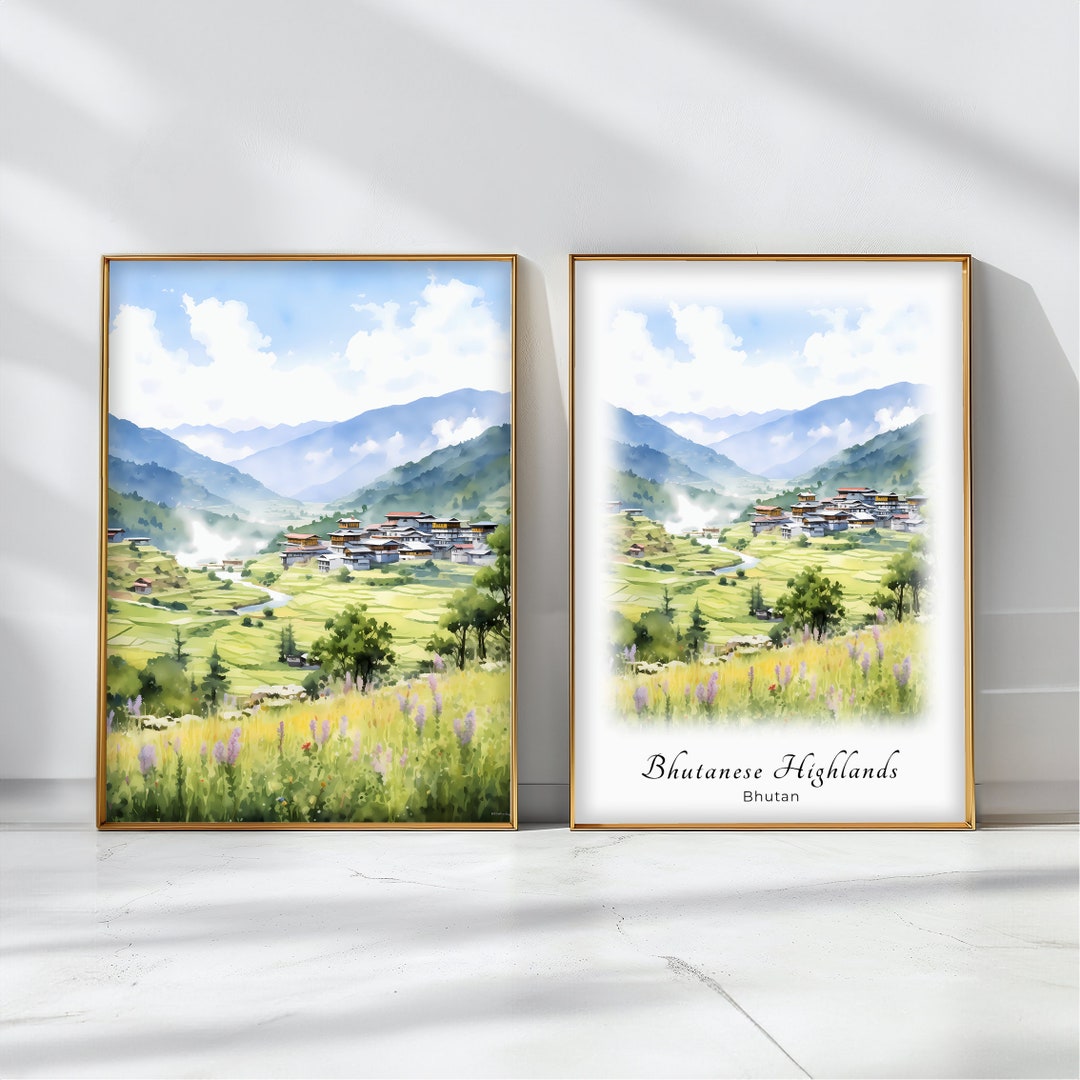 Bhutanese Highlands Watercolor Poster Travel Art Print Bhutan Landscape ...
