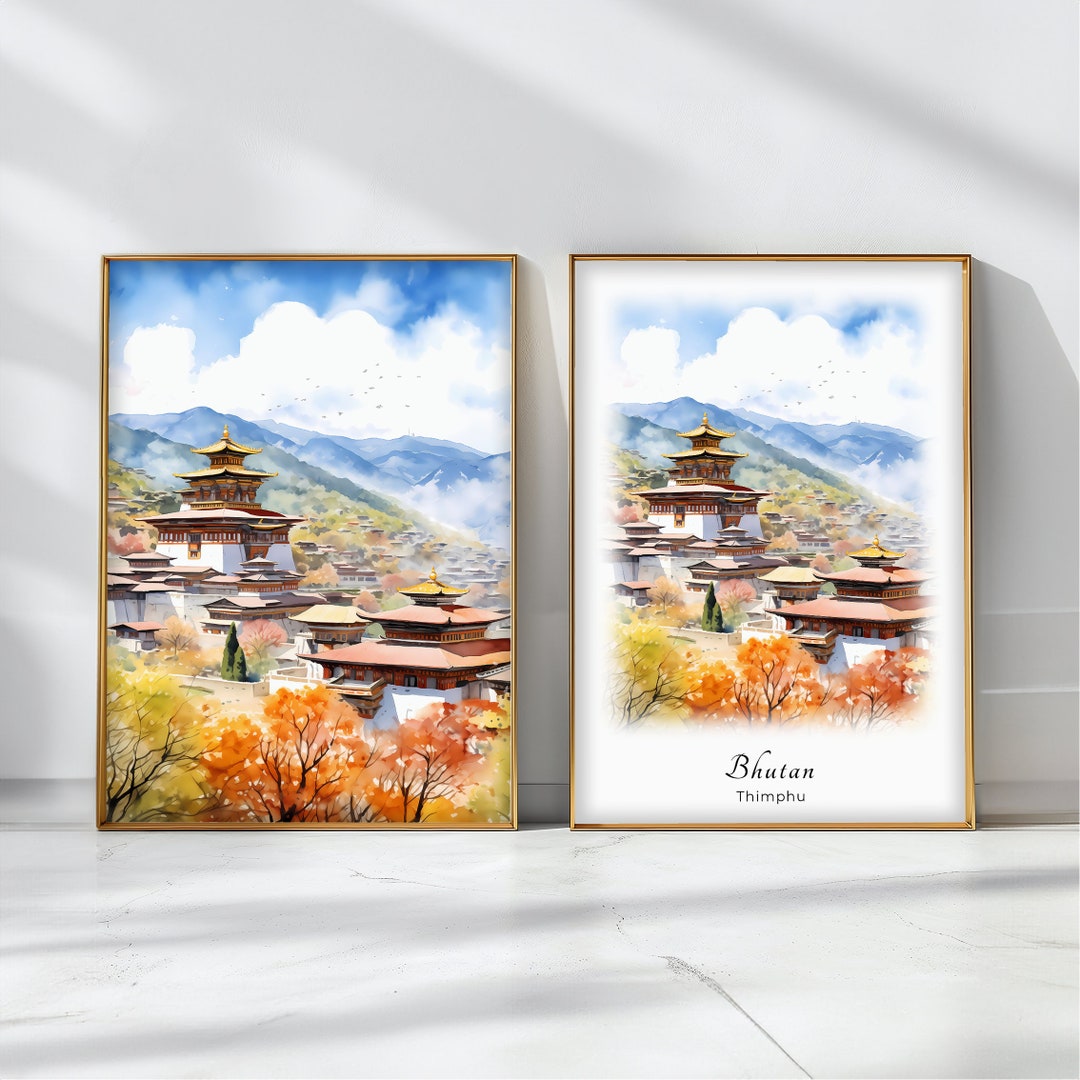 Bhutan Watercolor Poster Travel Art Print Thimphu Landscape Art Decor ...