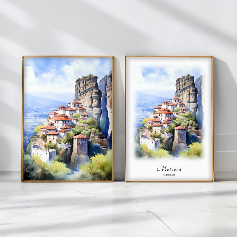 Meteora Watercolor Poster Travel Art Print Greece Landscape Art Decor ...