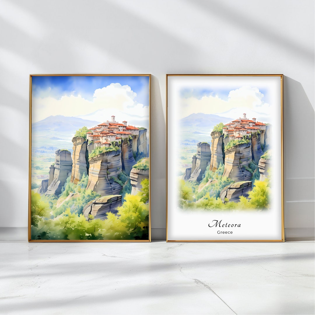 Meteora Watercolor Poster Travel Art Print Greece Landscape Art Decor ...