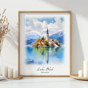 Lake Bled Watercolor Poster Travel Art Print Slovenia Landscape Art ...