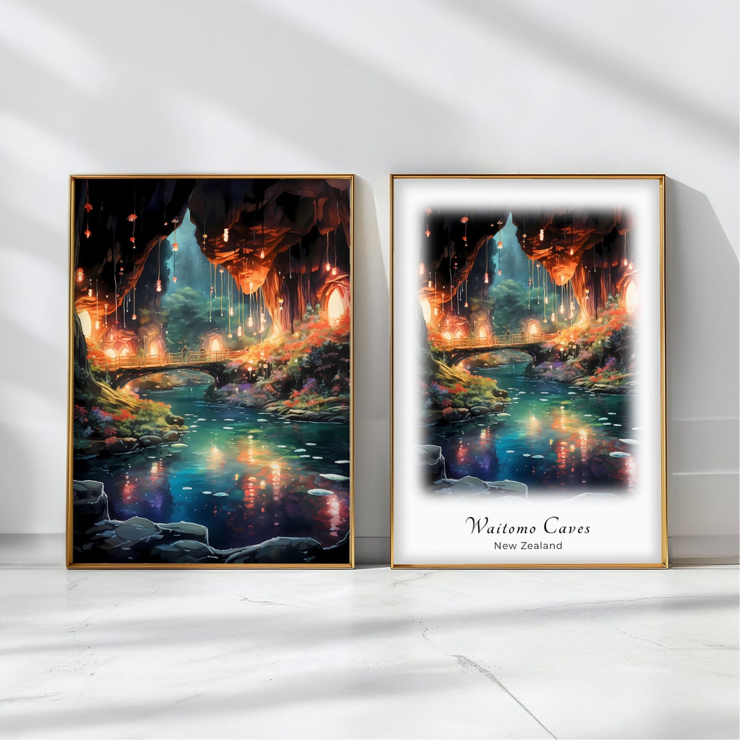 Waitomo Caves Watercolor Poster Travel Art Print New Zealand Landscape ...