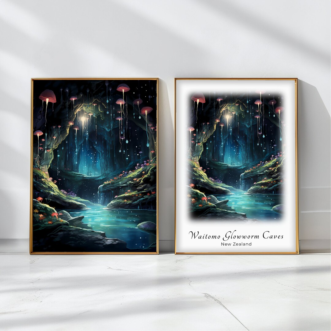 Waitomo Glowworm Caves Watercolor Poster Travel Art Print New Zealand ...