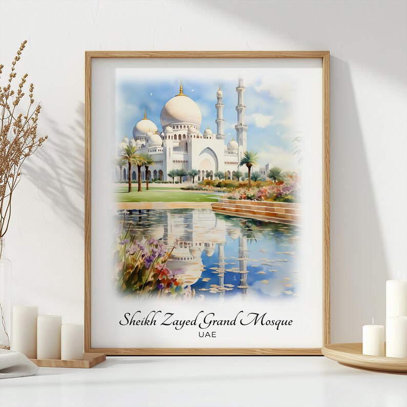 Sheikh Zayed Grand Mosque Watercolor Poster Travel Art Print UAE ...