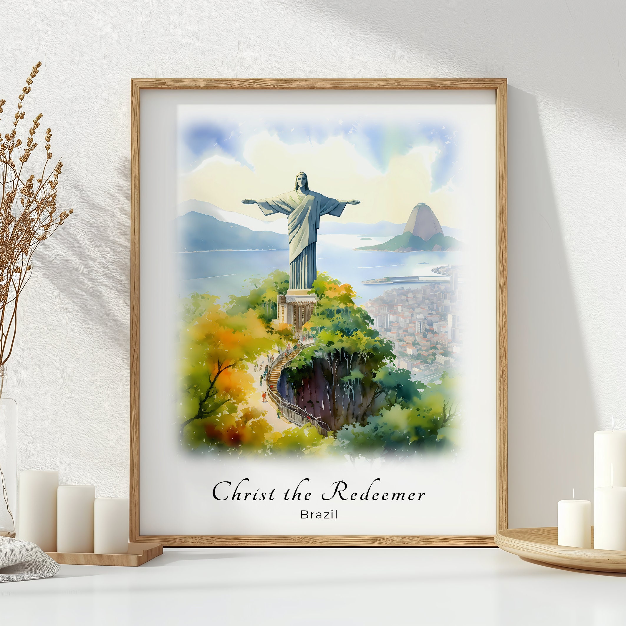 Christ the Redeemer Watercolor Poster Travel Art Print Brazil Landscape ...