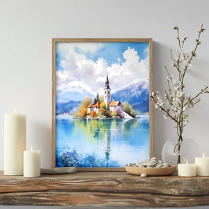 Lake Bled Watercolor Poster Travel Art Print Slovenia Landscape Art ...