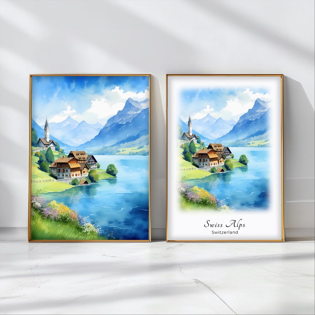 Swiss Alps Watercolor Poster Travel Art Print Switzerland Landscape Art Decor Inspirational Wall ...