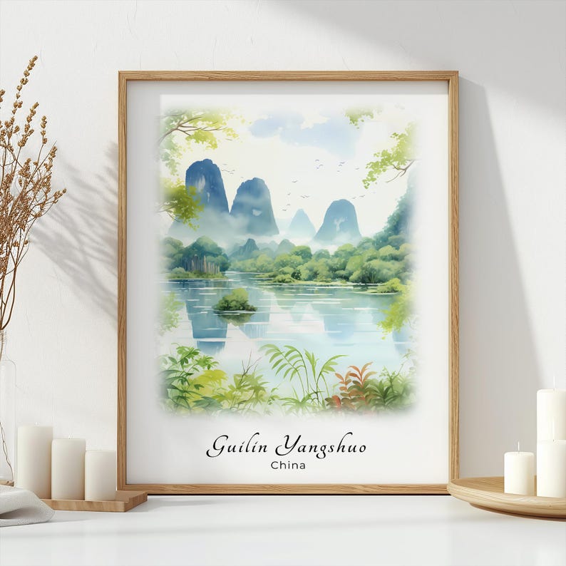 Guilin, Yangshuo Watercolor Poster Travel Art Print China Landscape Art ...