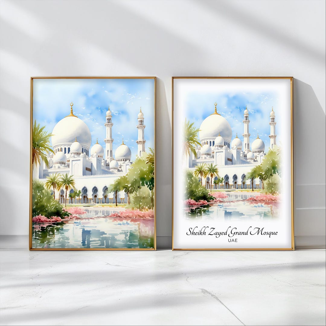 Sheikh Zayed Grand Mosque Watercolor Poster Travel Art Print Abu-dhabi ...